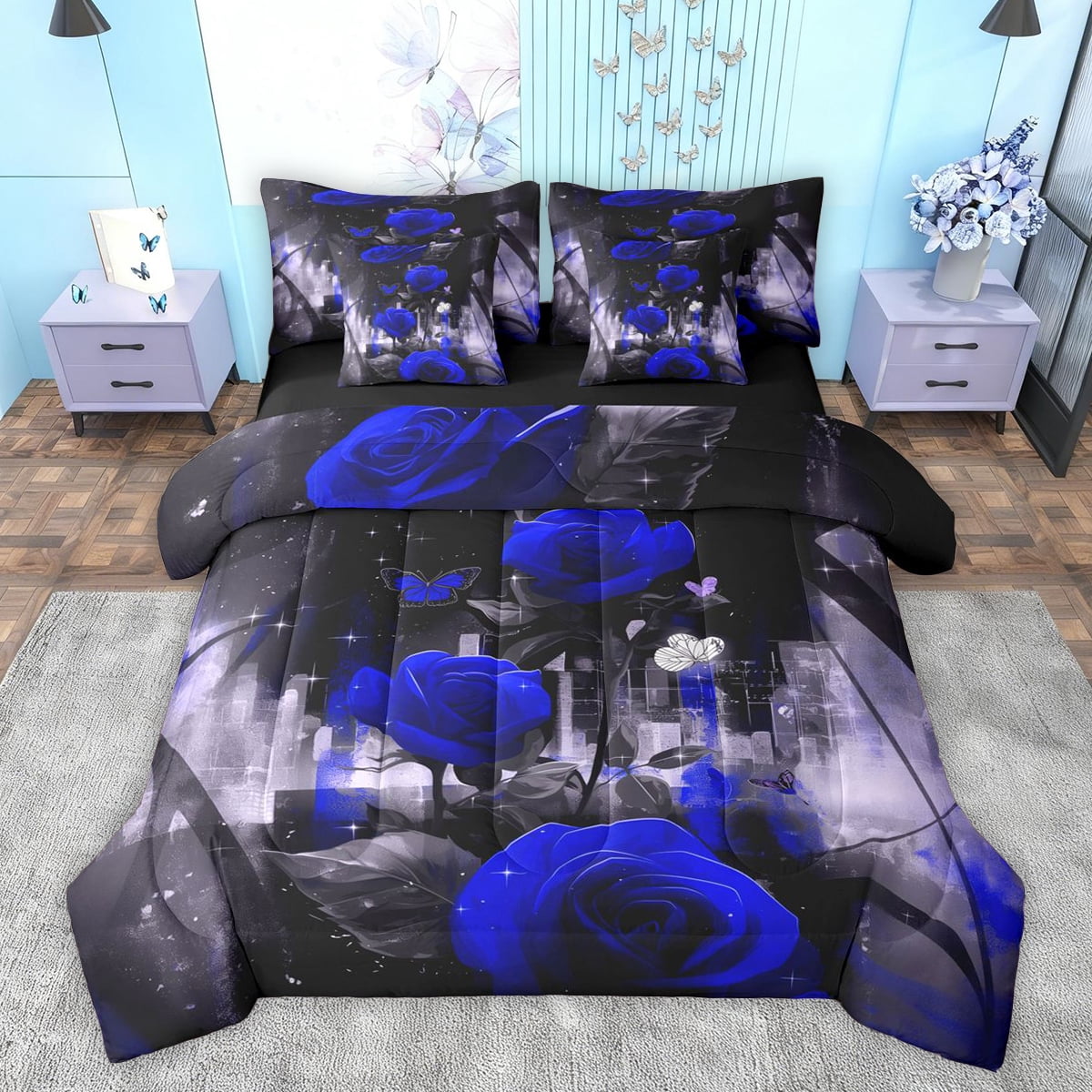 Feelyou Mystic Blue Rose Twin Bedding Sets 7-Piece for Women, Dreamy ...
