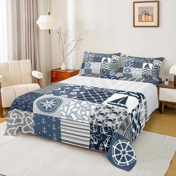 Feelyou Nautical Ship Rudder Queen Sheet Sets, Kawaii Crab Sealife Flat ...