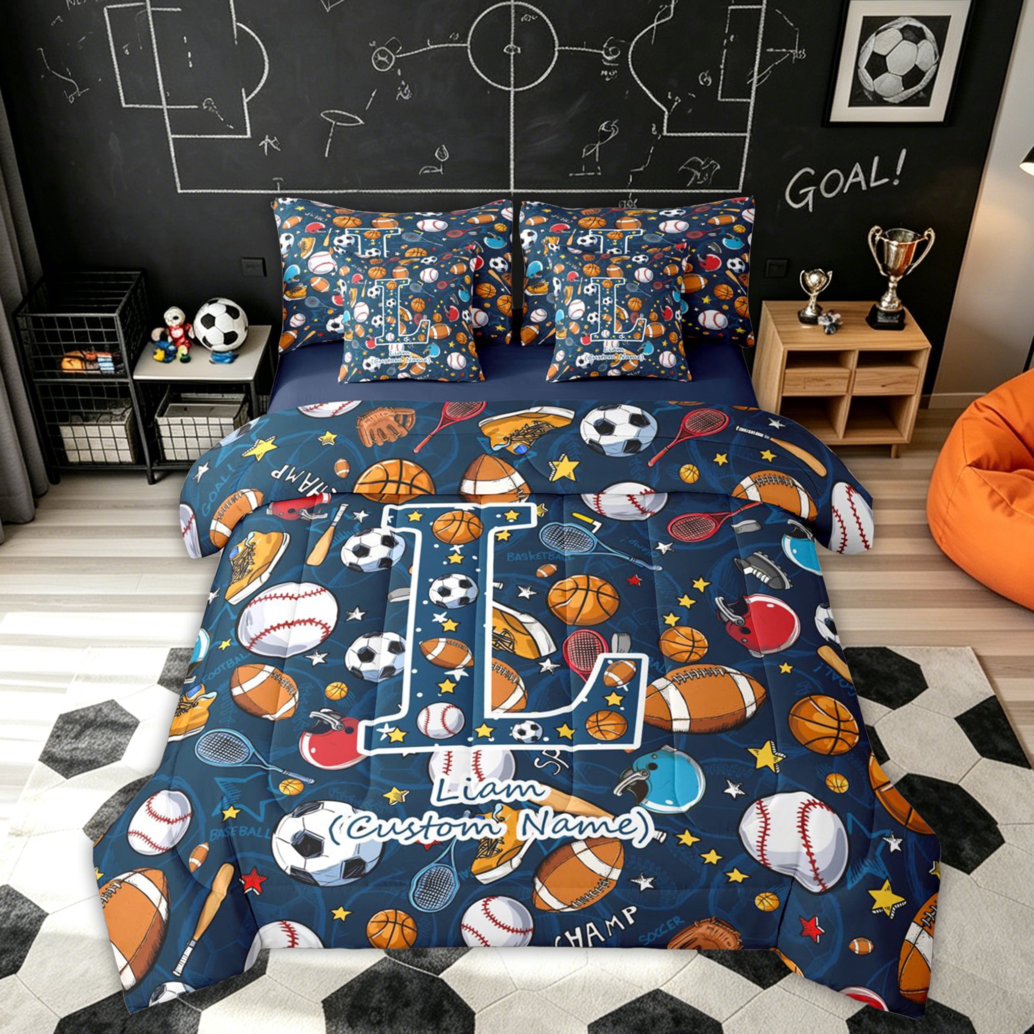 Feelyou Navy Sport Letter L King Bedding for Kids, Cartoon Baseball ...