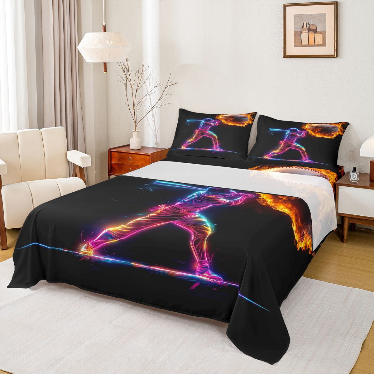 Feelyou Neon Baseball Player King Sheets for Boys, Fire Ball Sport ...