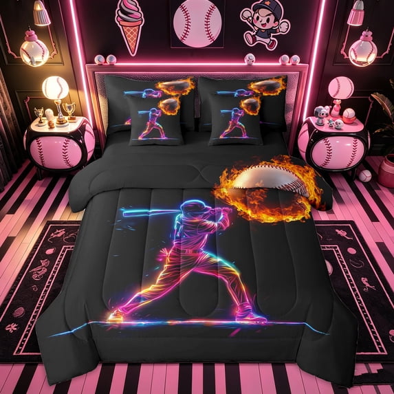 Feelyou Neon Baseball Player Twin Bedding for Boys, Fire Ball Sport ...