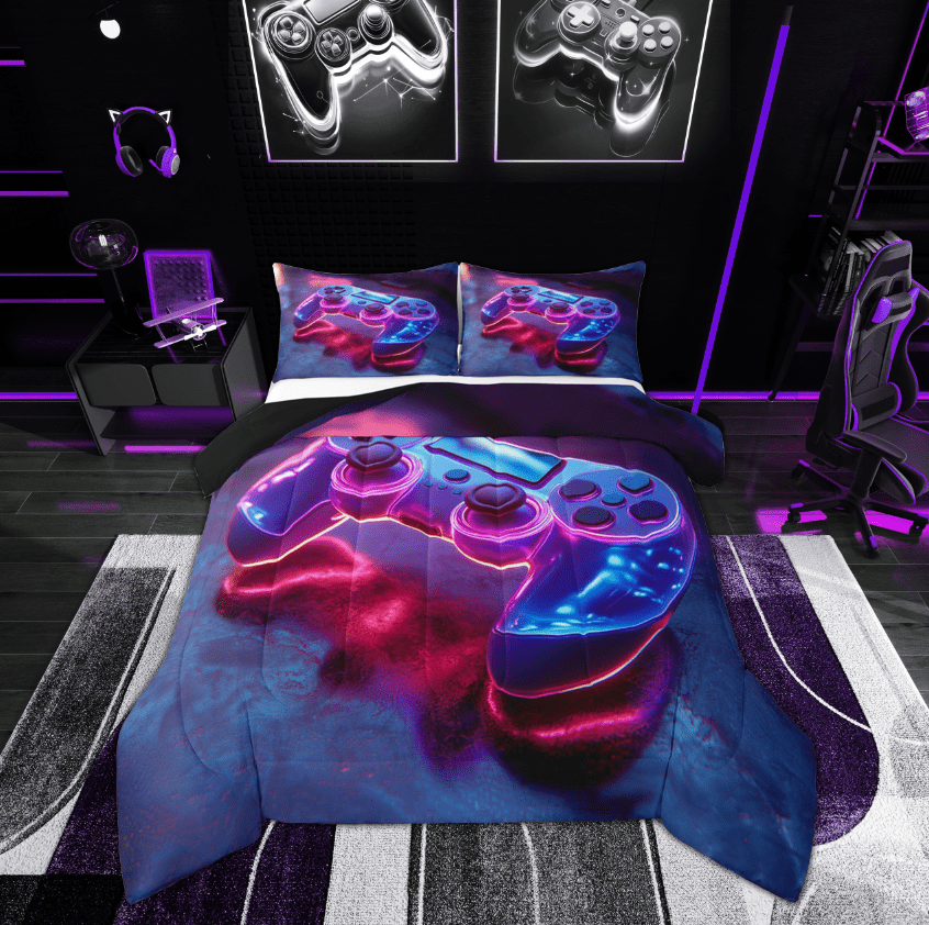 Feelyou Neon Blue Gamepad Full Size Comforter Sets, Futuristic Game ...