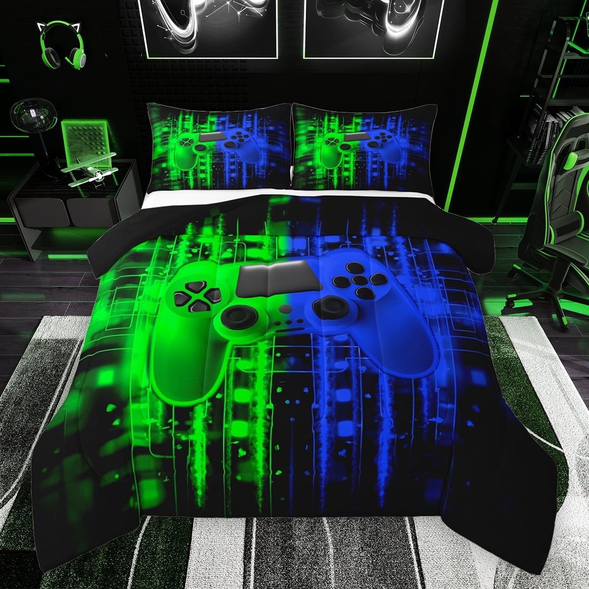 Feelyou Neon Game Console Bedding Comforter Set for Kids, Green Blue ...