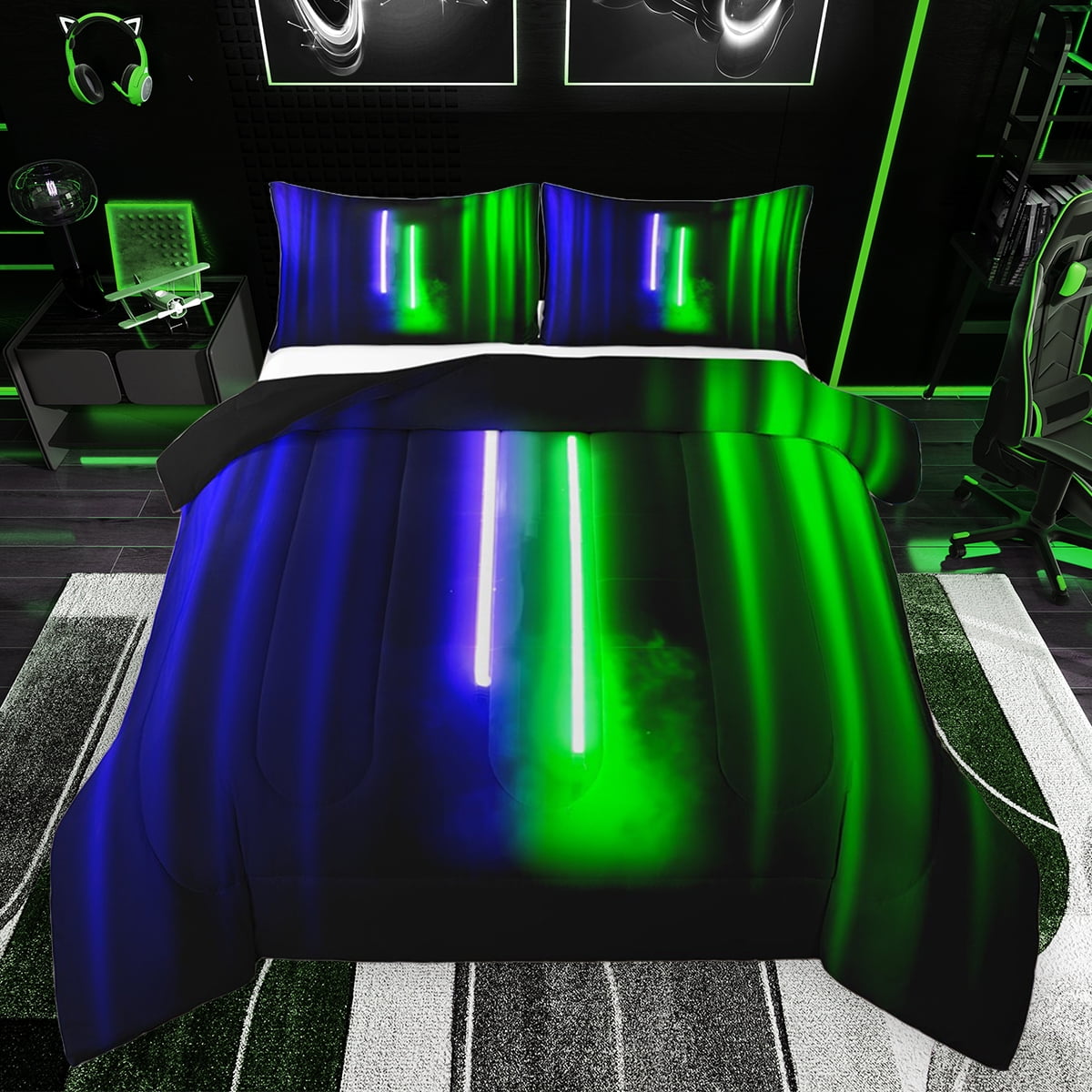Feelyou Neon Glowing Lightning Bedding Comforter Set, Blue Green ...