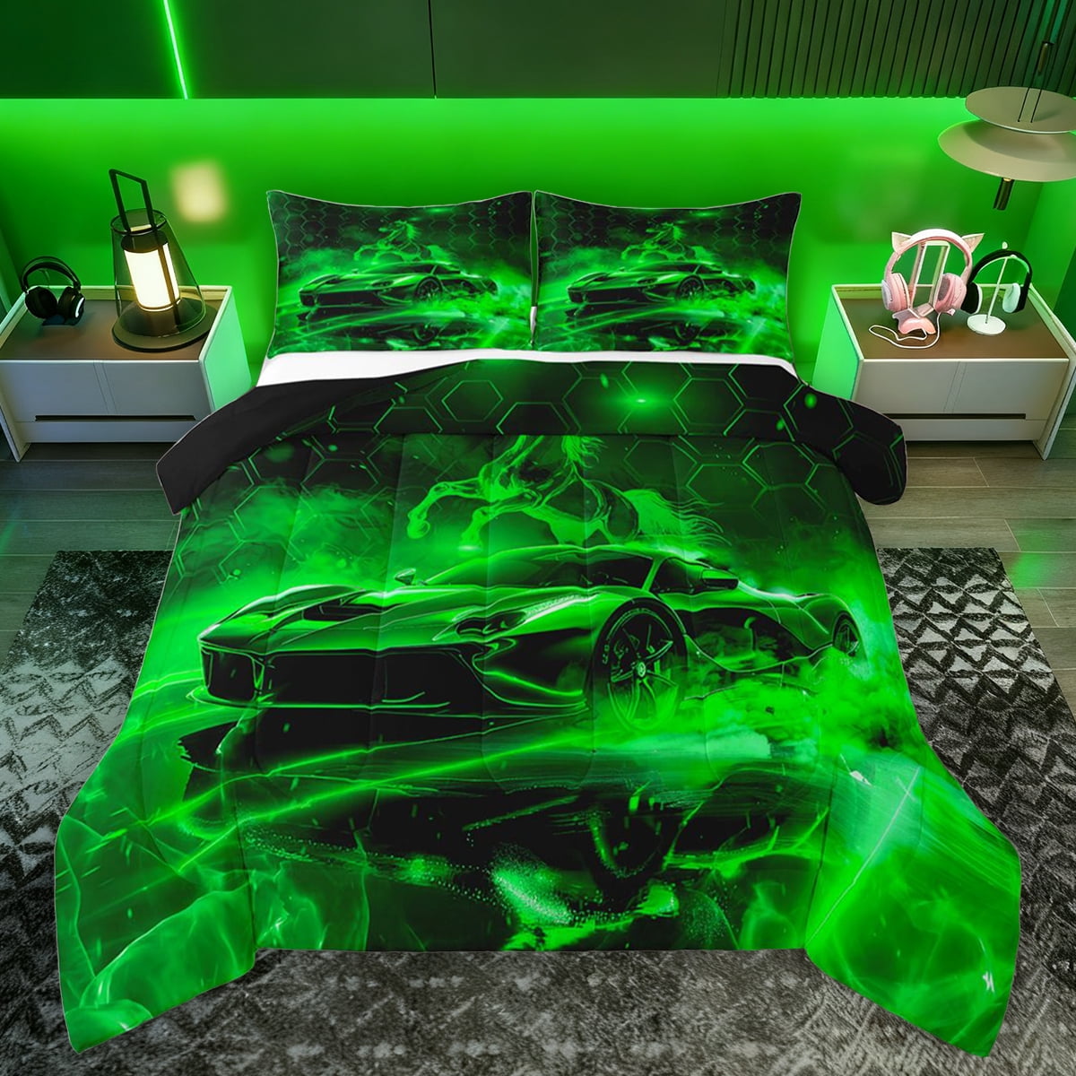 Feelyou Neon Green Automobile Queen Comforter Set for Kid, Fashion ...