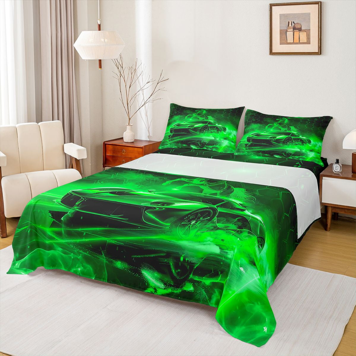Feelyou Neon Green Automobile Queen Sheet Sets for Kid, Fashion Stripes ...