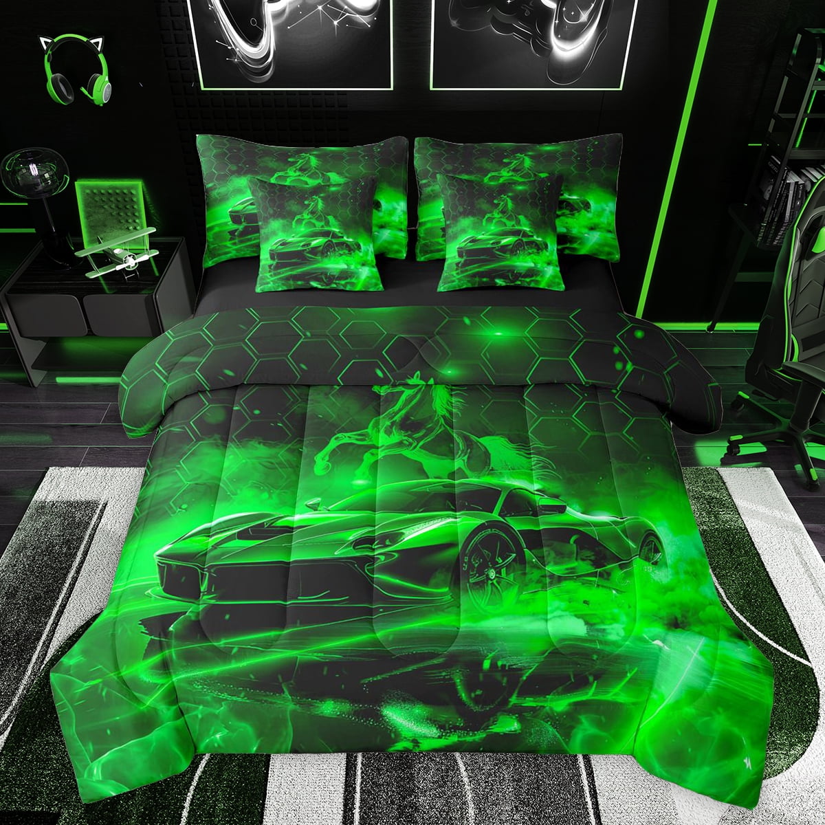 Feelyou Neon Green Automobile Twin Bedding Sets 7-Piece for Kid ...