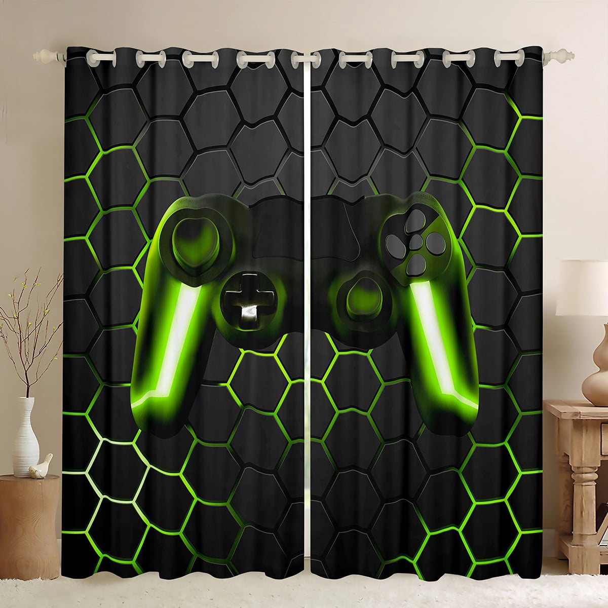 Feelyou Neon Green Gamepad Black Out Curtains, Chic Honeycomb Abstract ...