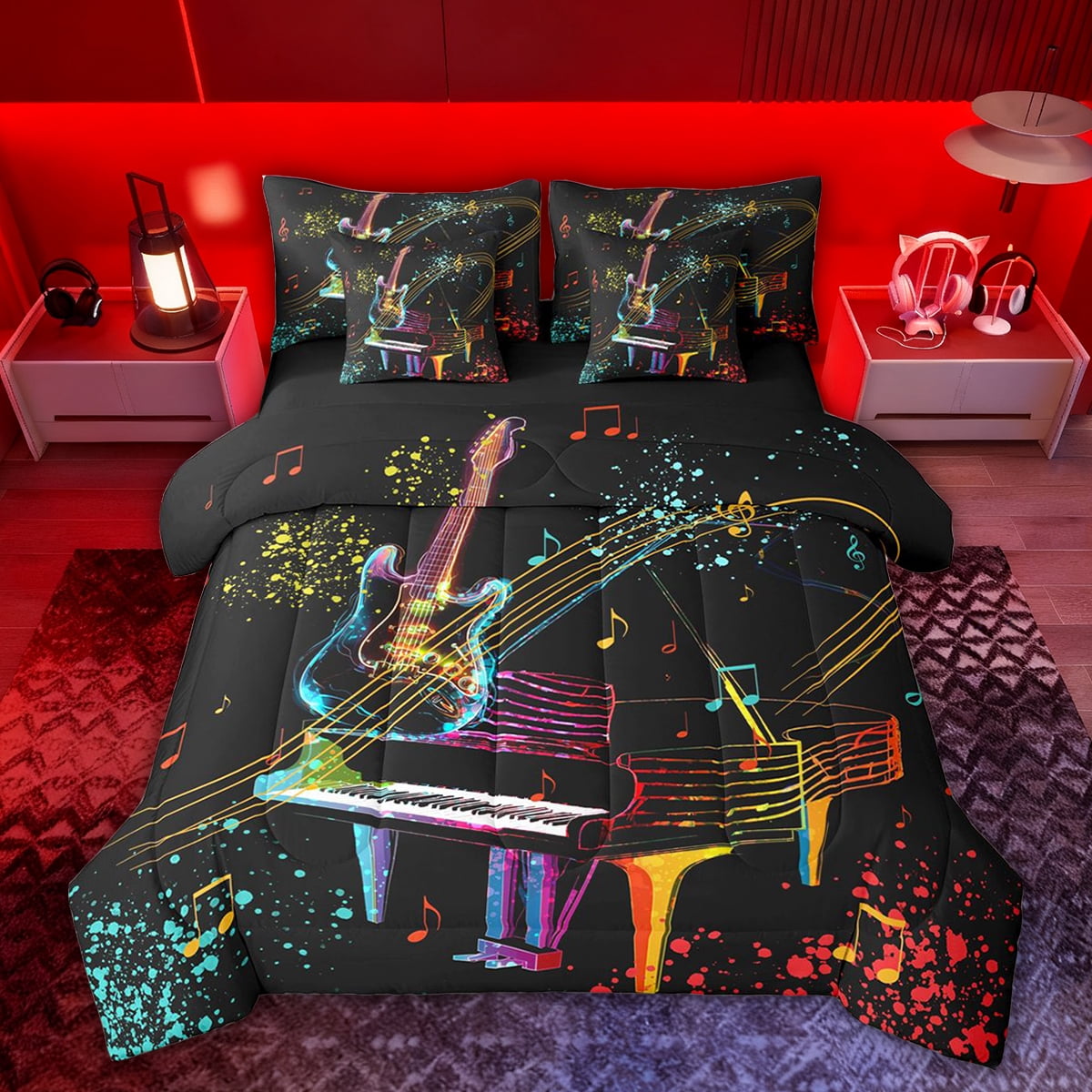 Feelyou Neon Guitar Piano Bedding Comforter Set 7pcs, Watercolor Splash ...
