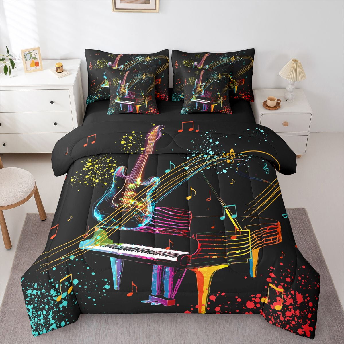 Feelyou Neon Guitar Piano Bedding Comforter Set 7pcs, Watercolor Splash ...