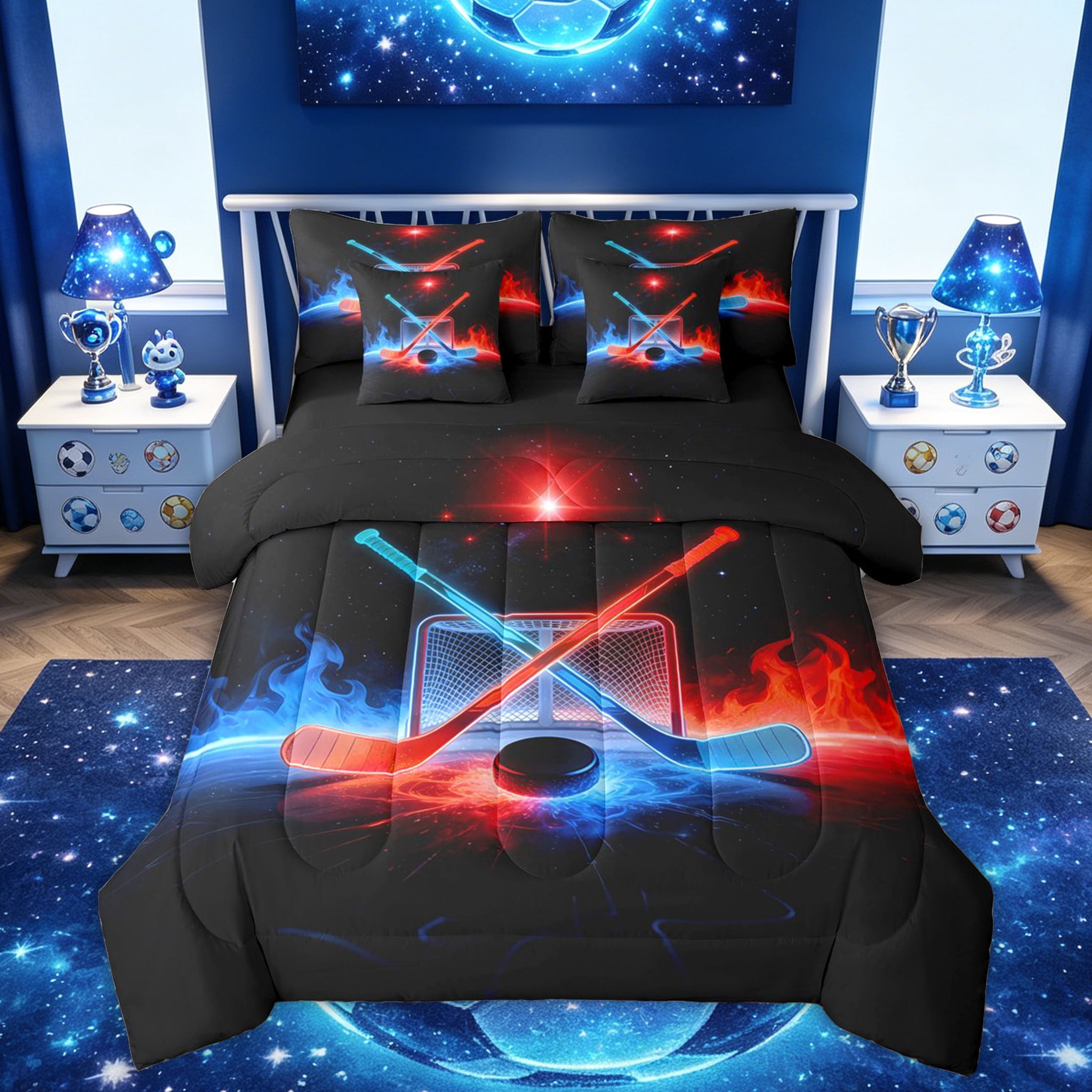 Feelyou Neon Ice Hockey Print King Bedding for Boys, Red Blue Fire ...
