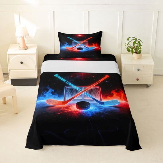 Feelyou Neon Ice Hockey Print Twin Sheets for Boys, Red Blue Fire ...