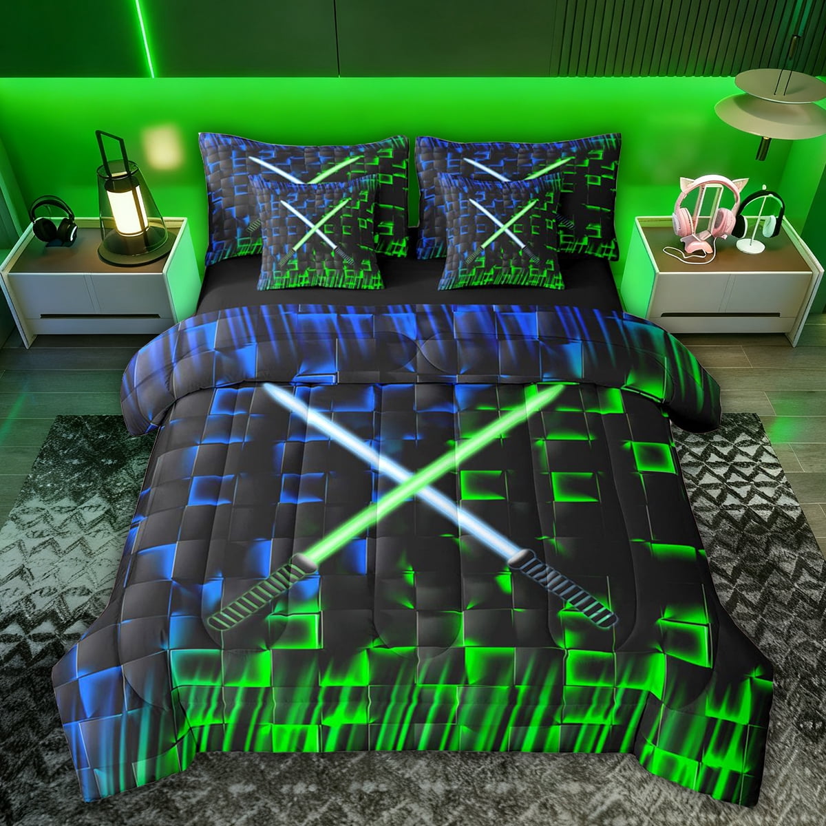 Feelyou Neon Lightning Bedding Comforter Set 7pcs, Green Blue Honeycomb ...