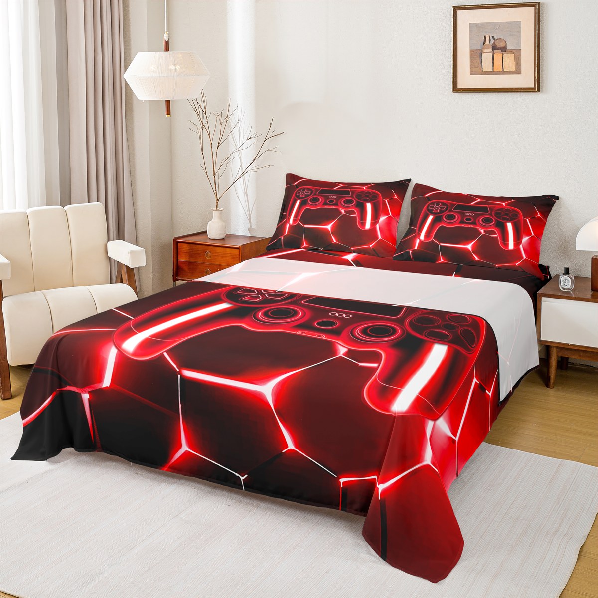 Feelyou Neon Red Gamepad Full Size Sheets, Geometry Honeycomb Bed ...
