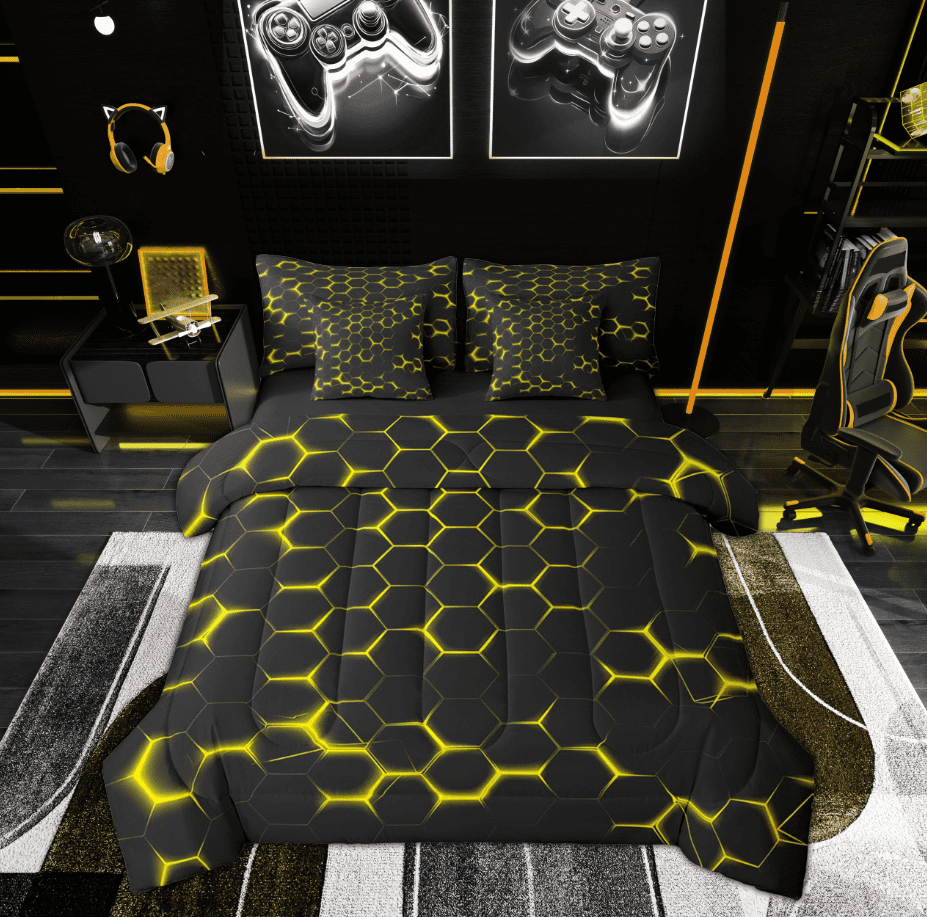 Feelyou Neon Yellow Honeycomb Bedding Comforter Set 7 Pieces for Kid ...