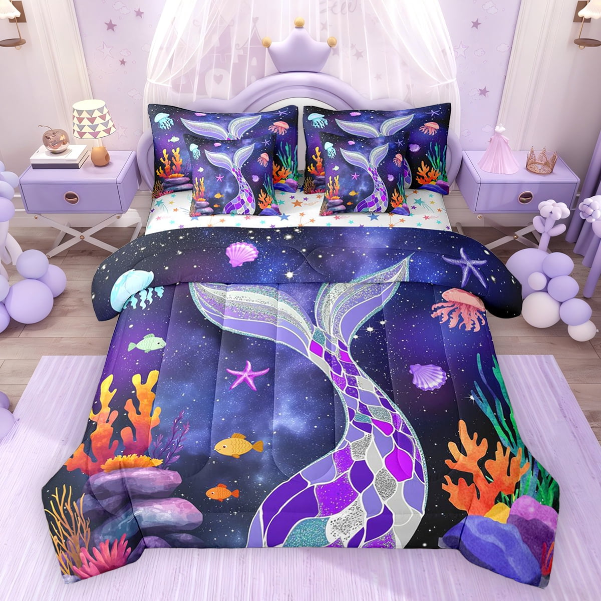 Feelyou Ocean Mermaid Bedding Comforter Set 7 Pieces, Purple Starry Sky ...