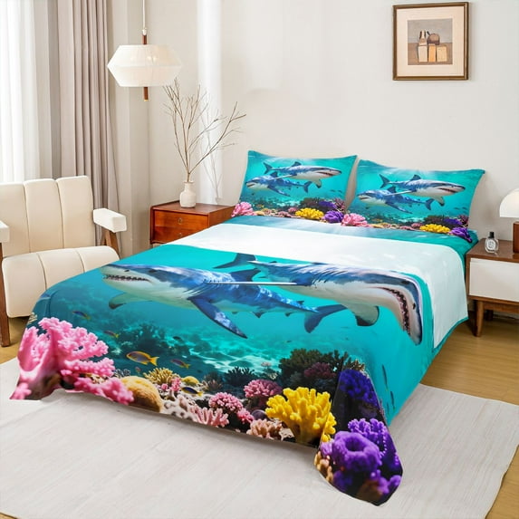 Feelyou Ocean Shark Kids Twin Sheet Sets, Marine Coral Fish Bedding, 3 ...