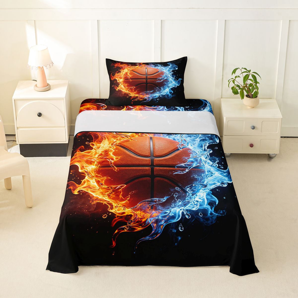 Feelyou Orange Blue Basketball Twin Sheets for Boys, Fire and Ice Ball ...