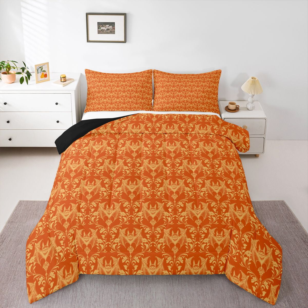 Feelyou Orange Boho Damask Full Size Comforter Sets, Western Gothic Bat ...