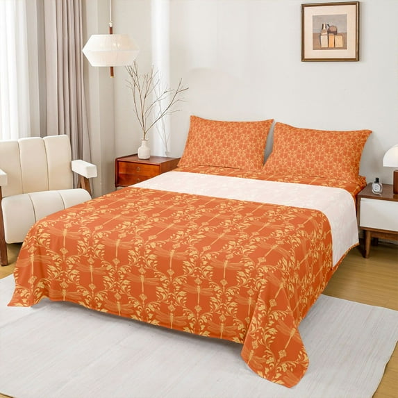 Feelyou Orange Dragonfly Queen Sheet Sets, Rustic Western Damask Bed ...