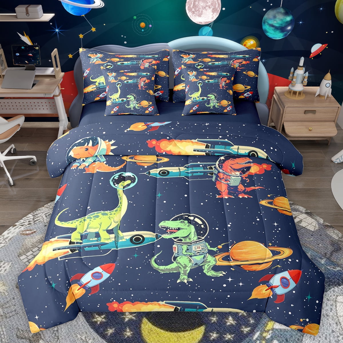 Feelyou Outer Space Dino Bedding Comforter Set 7pcs for Teens, Dreamy ...