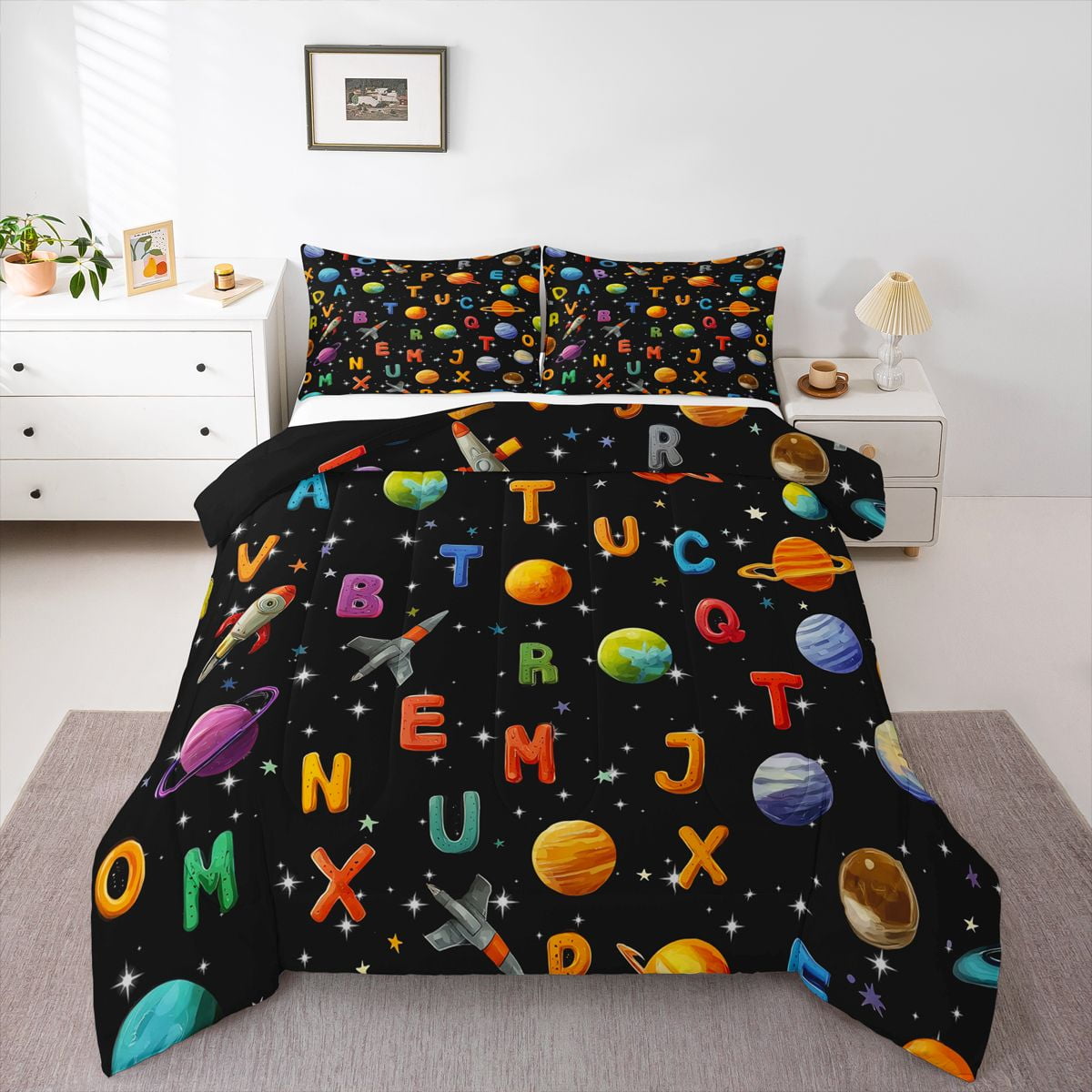 Feelyou Outer Space Queen Comforter Set, Cute Letter Bedding Comforter ...
