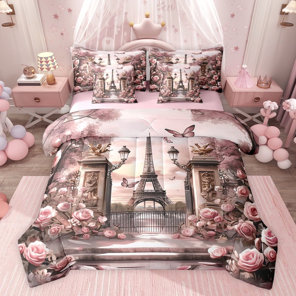Feelyou Paris Eiffel Tower Twin Bedding Sets 7-Piece, Pink Rose Flower ...