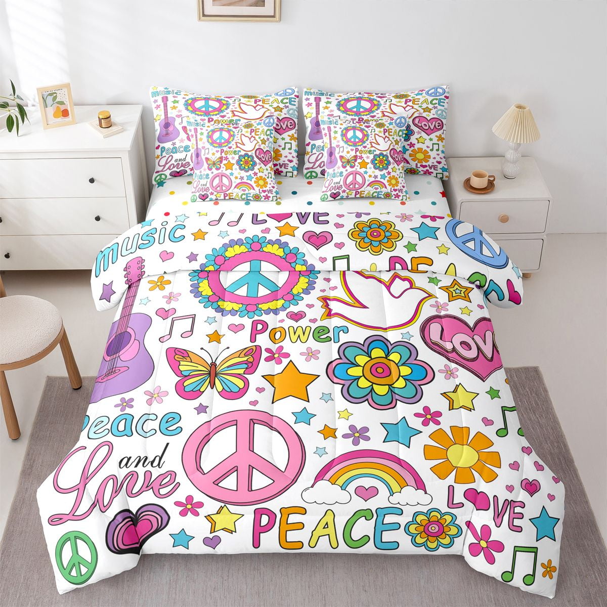 Feelyou Peace and Love Comforter Set 7pcs, Groovy Butterfly Stars King ...