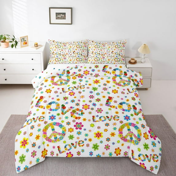 Feelyou Peace and Love Queen Comforter Set, Hippie Flower Floral ...