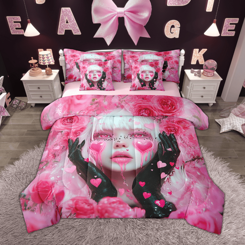 Feelyou Pink Anime Girl Twin Bedding Sets 7pcs, Cute Heart Floral ...