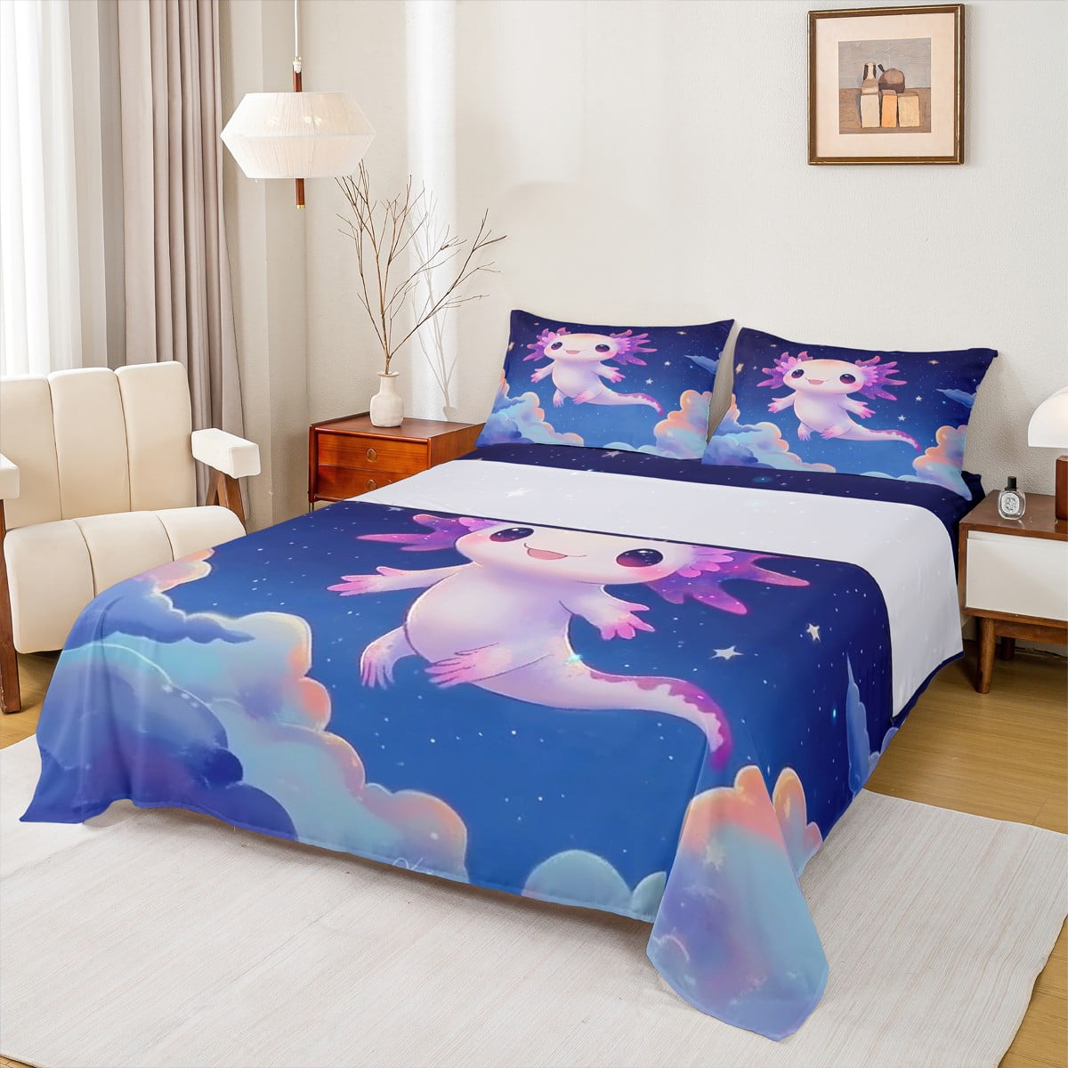 Feelyou Pink Axolotl Bed Sheets, Glitter Stars King Sheets, Dreamy ...