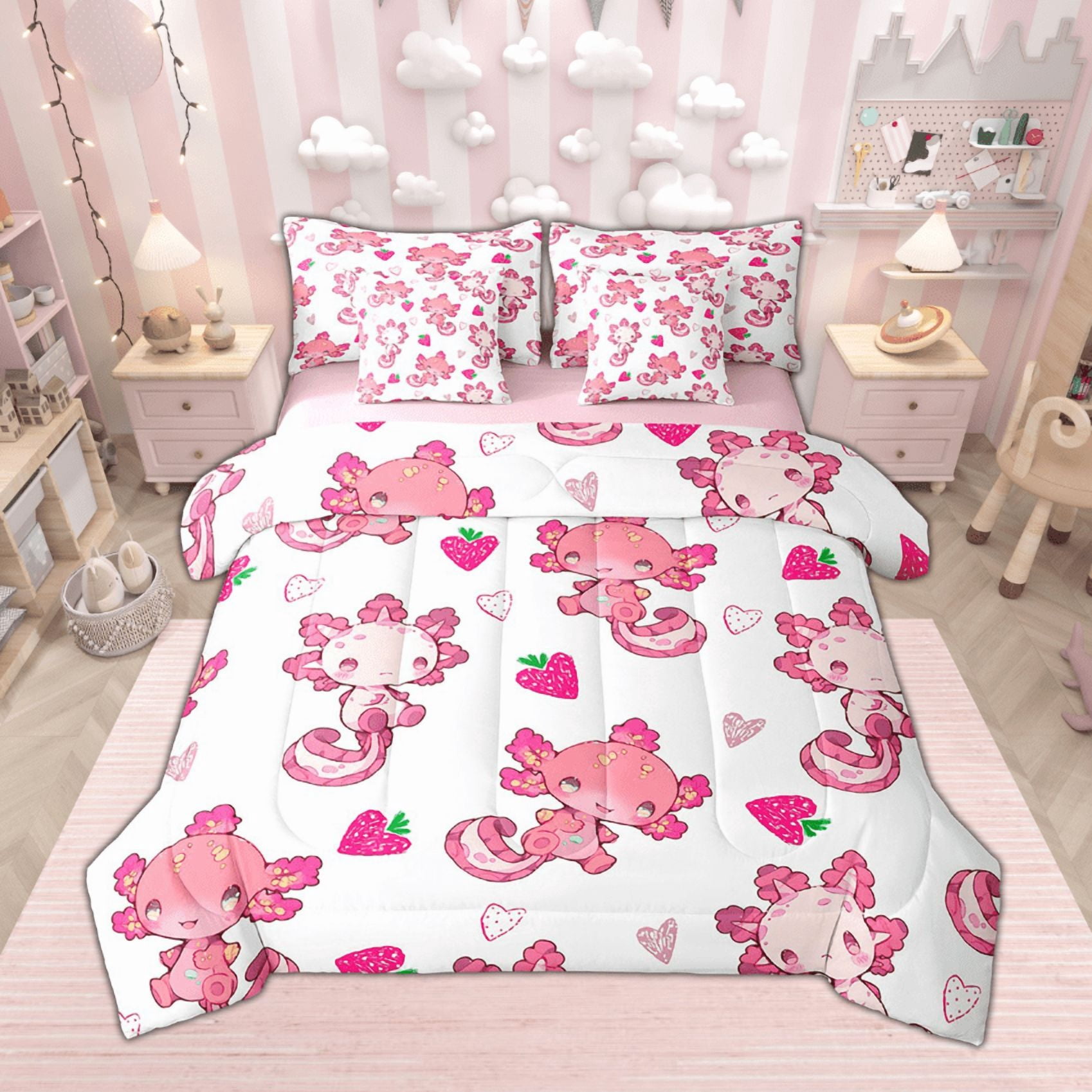 Feelyou Pink Axolotl Girl Bedding Comforter Set 7 Pieces, Kawaii ...