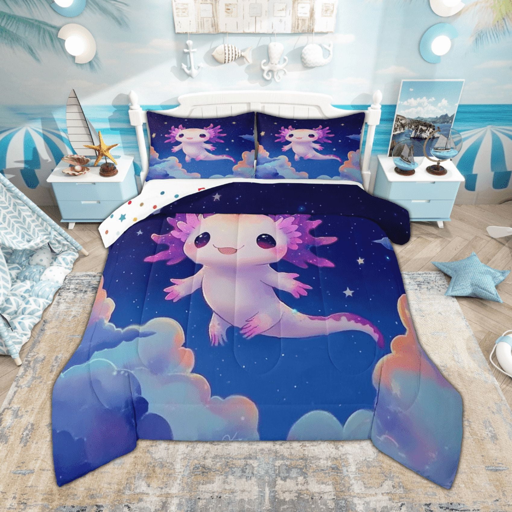 Feelyou Pink Axolotl King Size Comforter Sets, Glitter Stars Bedding ...