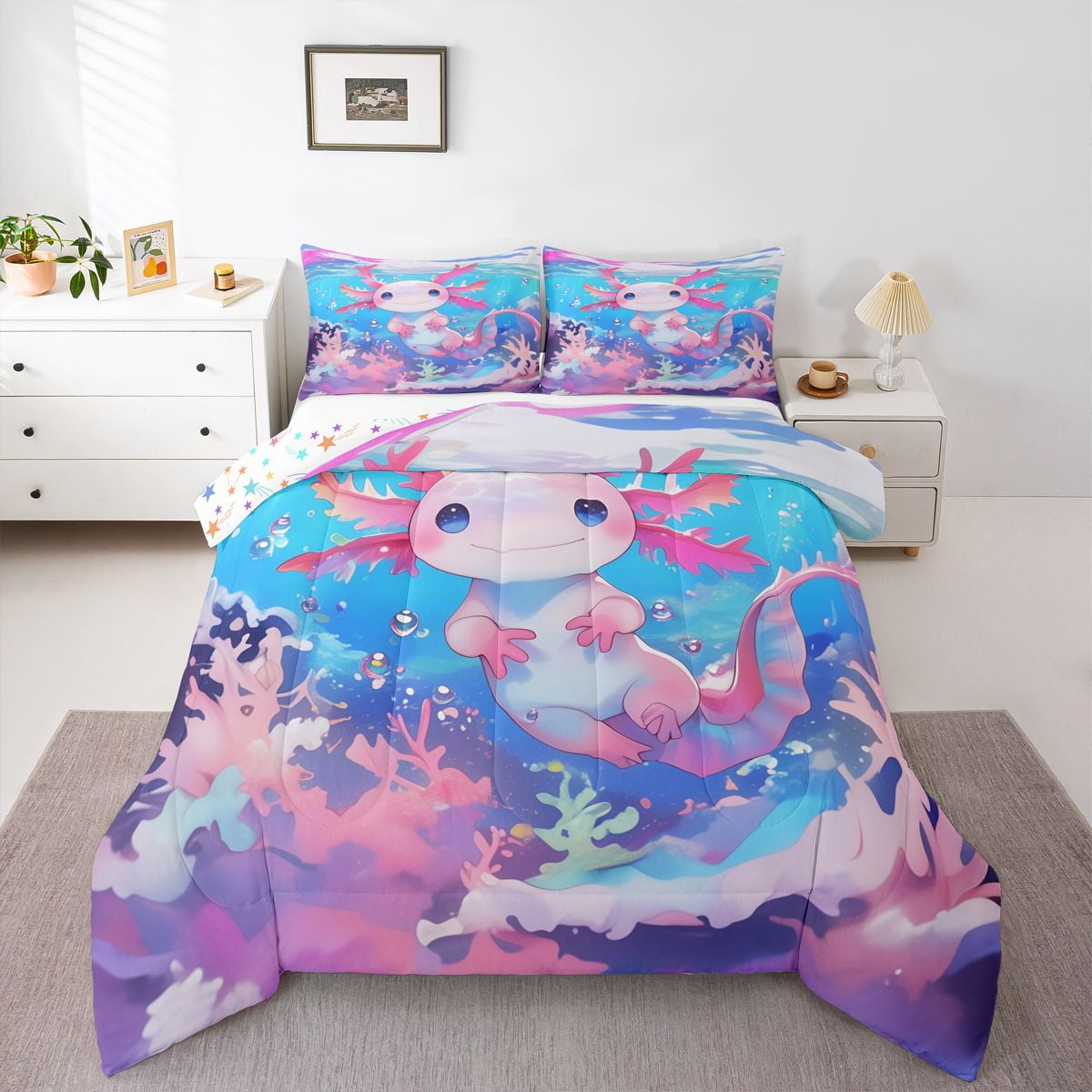 Feelyou Pink Axolotl Queen Comforter Set, Watercolor Coral Bedding ...