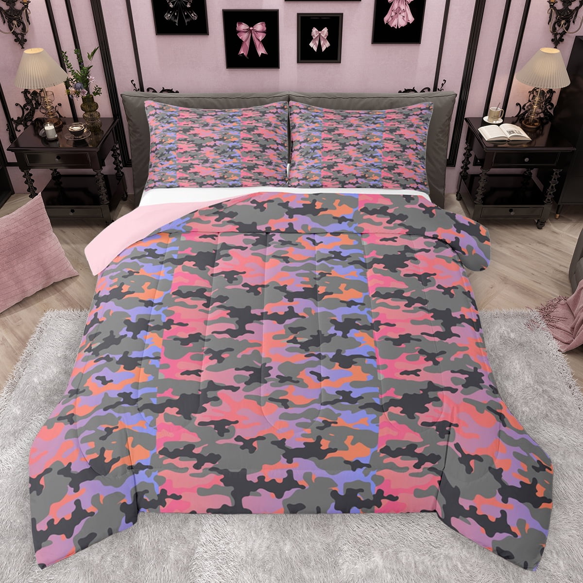 Feelyou Pink Blue Camo Full Size Comforter Sets for Child, Stripes ...