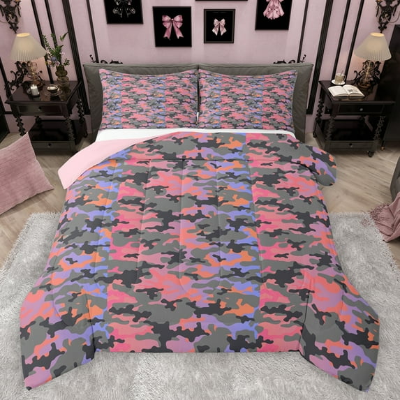 Feelyou Pink Blue Camo Queen Comforter Set for Child, Stripes Abstract ...