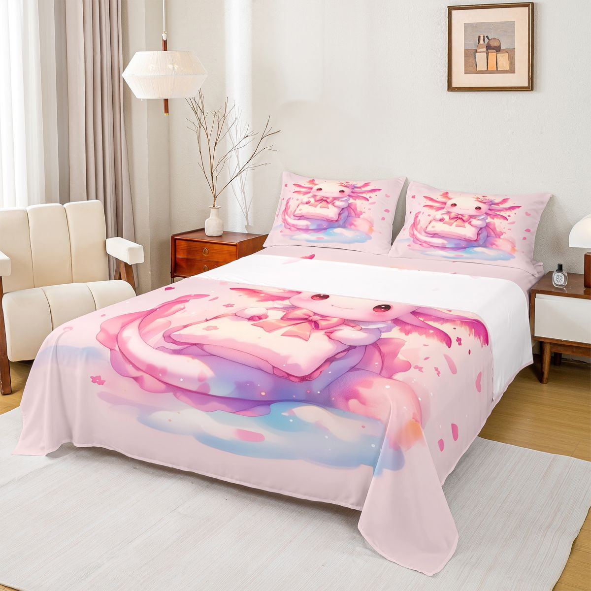 Feelyou Pink Bow Axolotl Bed Sheets, Dreamy Princess Style King Sheets ...