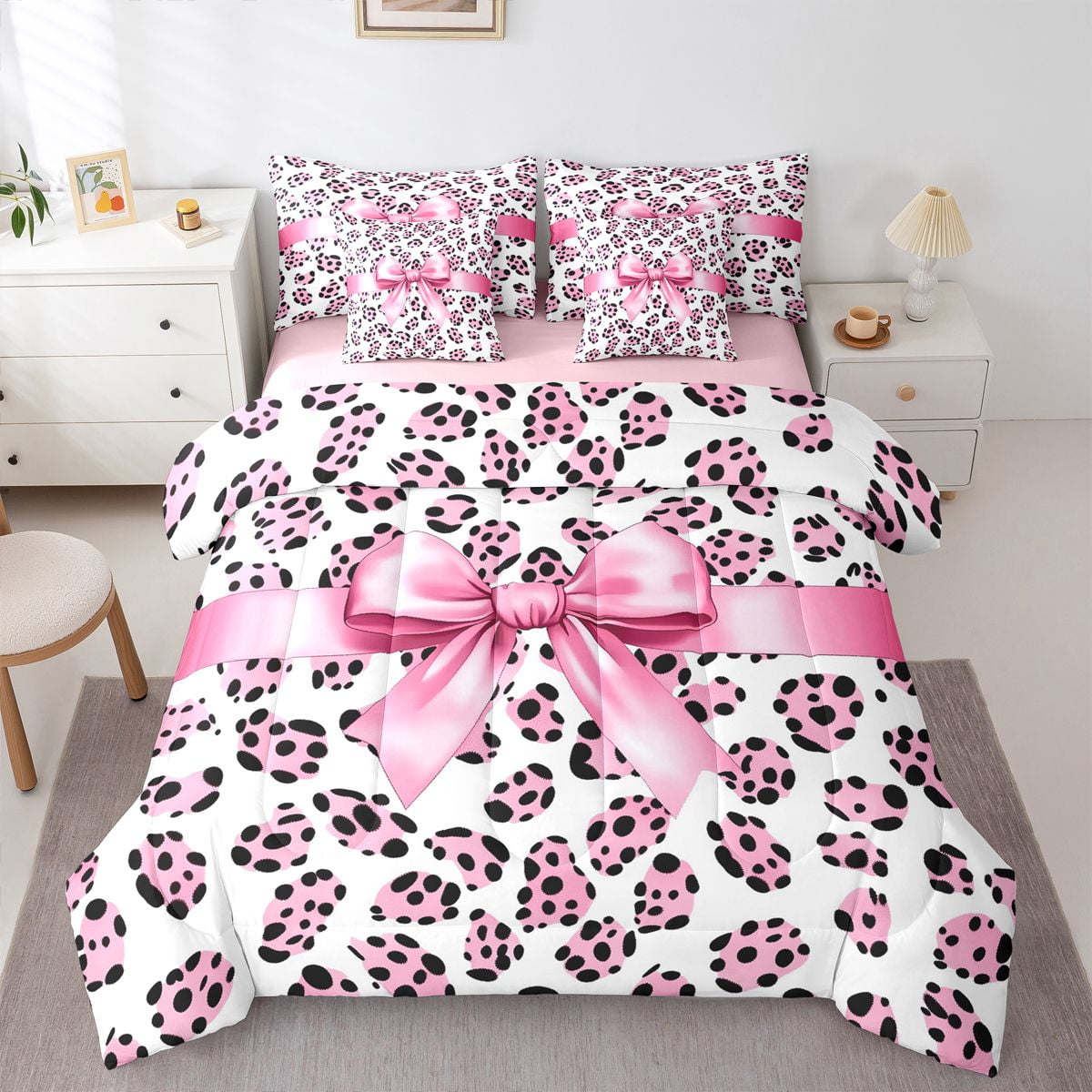 Feelyou Pink Bow-tie Bedding Comforter Set 7pcs, Cheetah Leopard Print ...