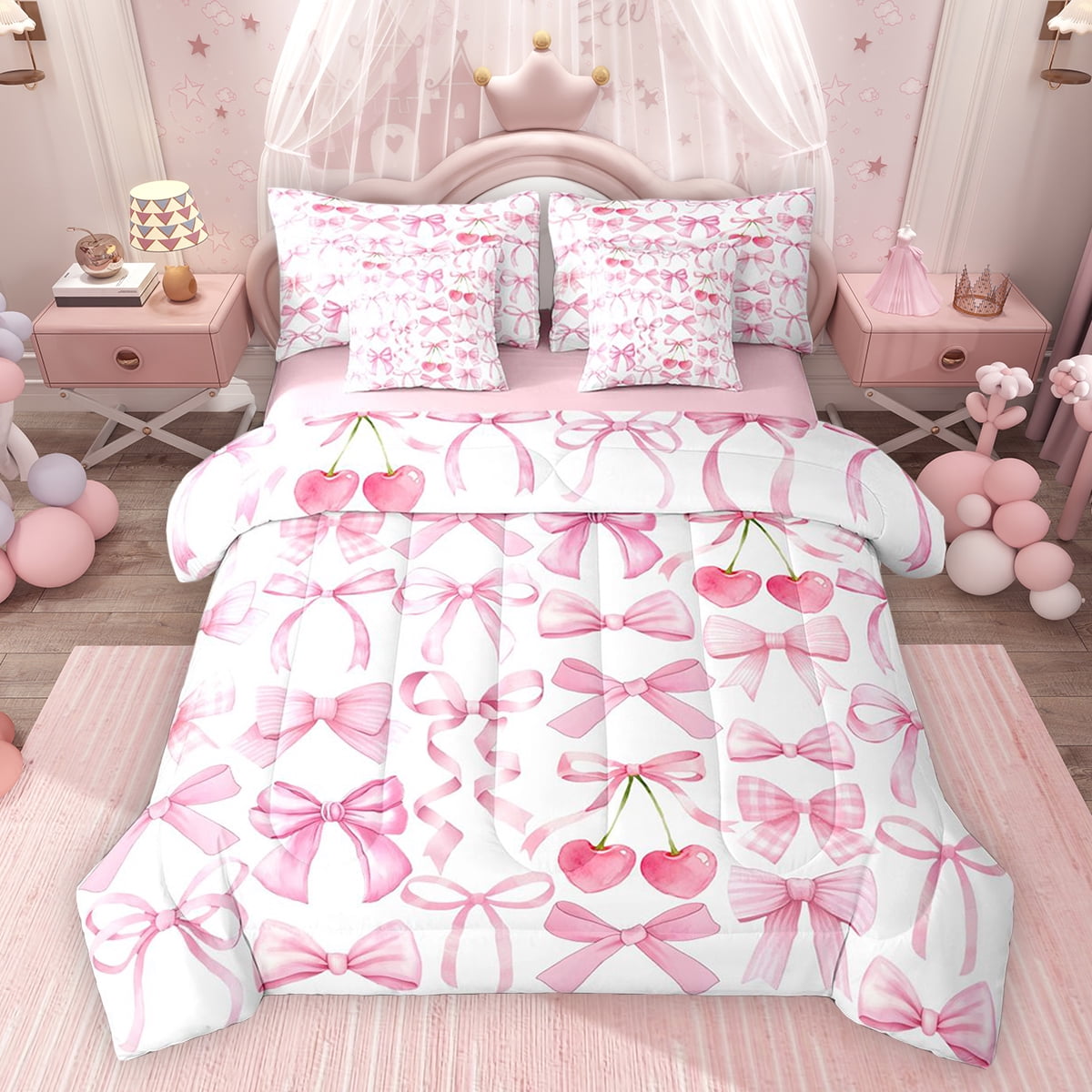 Feelyou Pink Bowknot Cherry Bedding Comforter Set 7pcs, Kawaii Princess ...