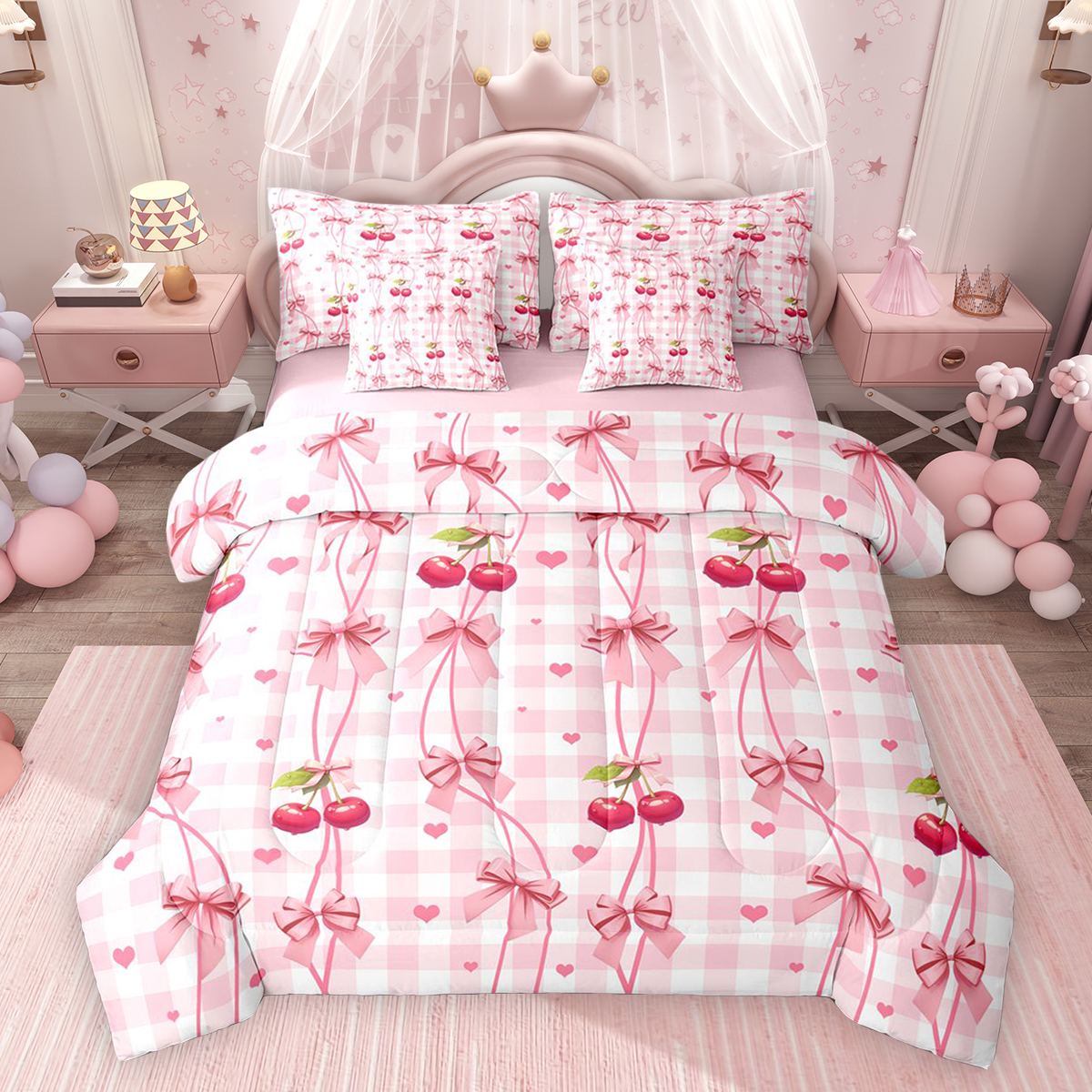Feelyou Pink Bowknot Cherry Girl Comforter Set 7pcs, Love Heart Plaid ...