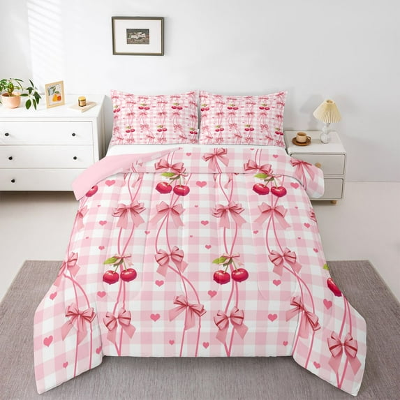 Feelyou Pink Bowknot Cherry Girl Queen Comforter Set, Love Heart Plaid ...