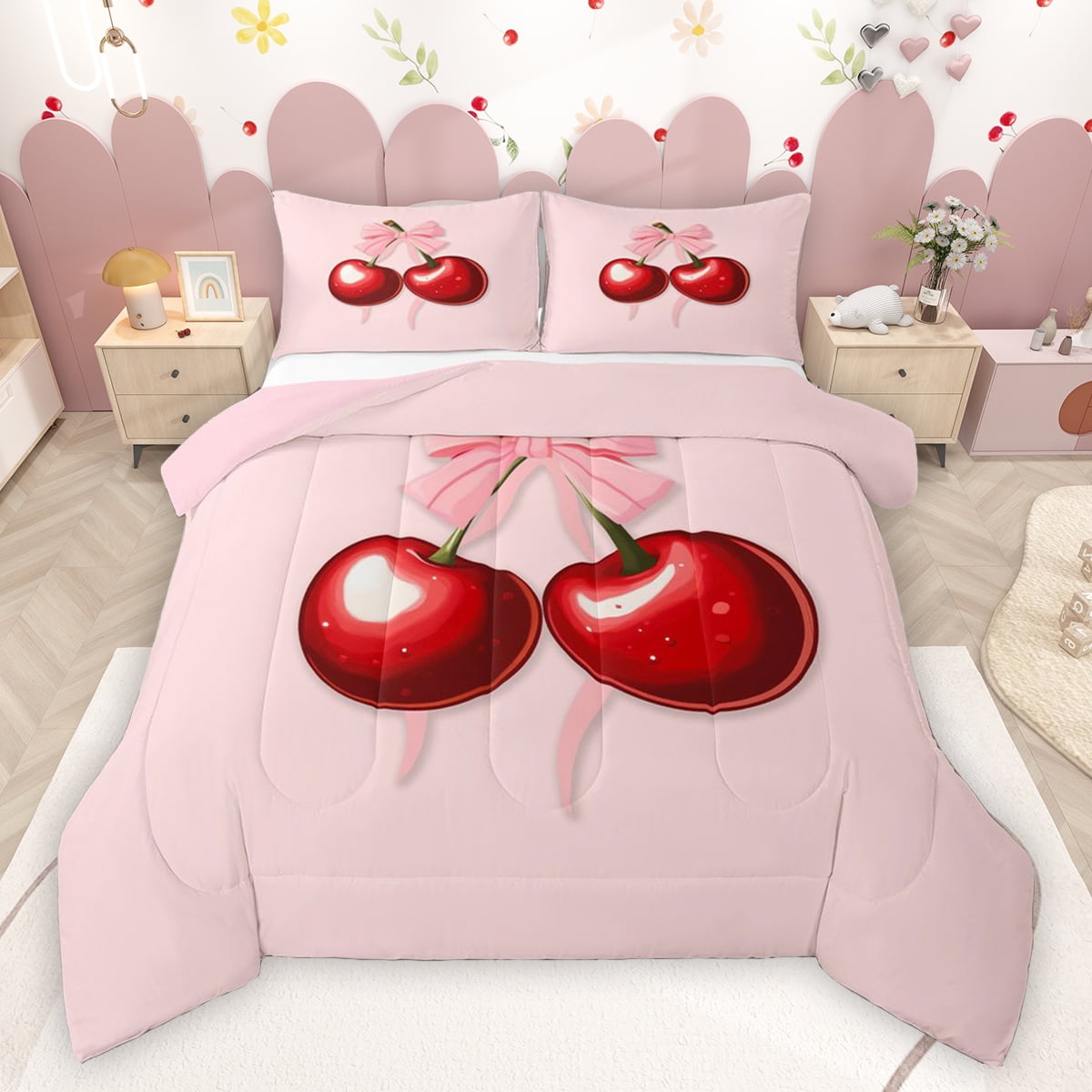 Feelyou Pink Bowknot Cherry Queen Comforter Set for Kids, Kawaii ...
