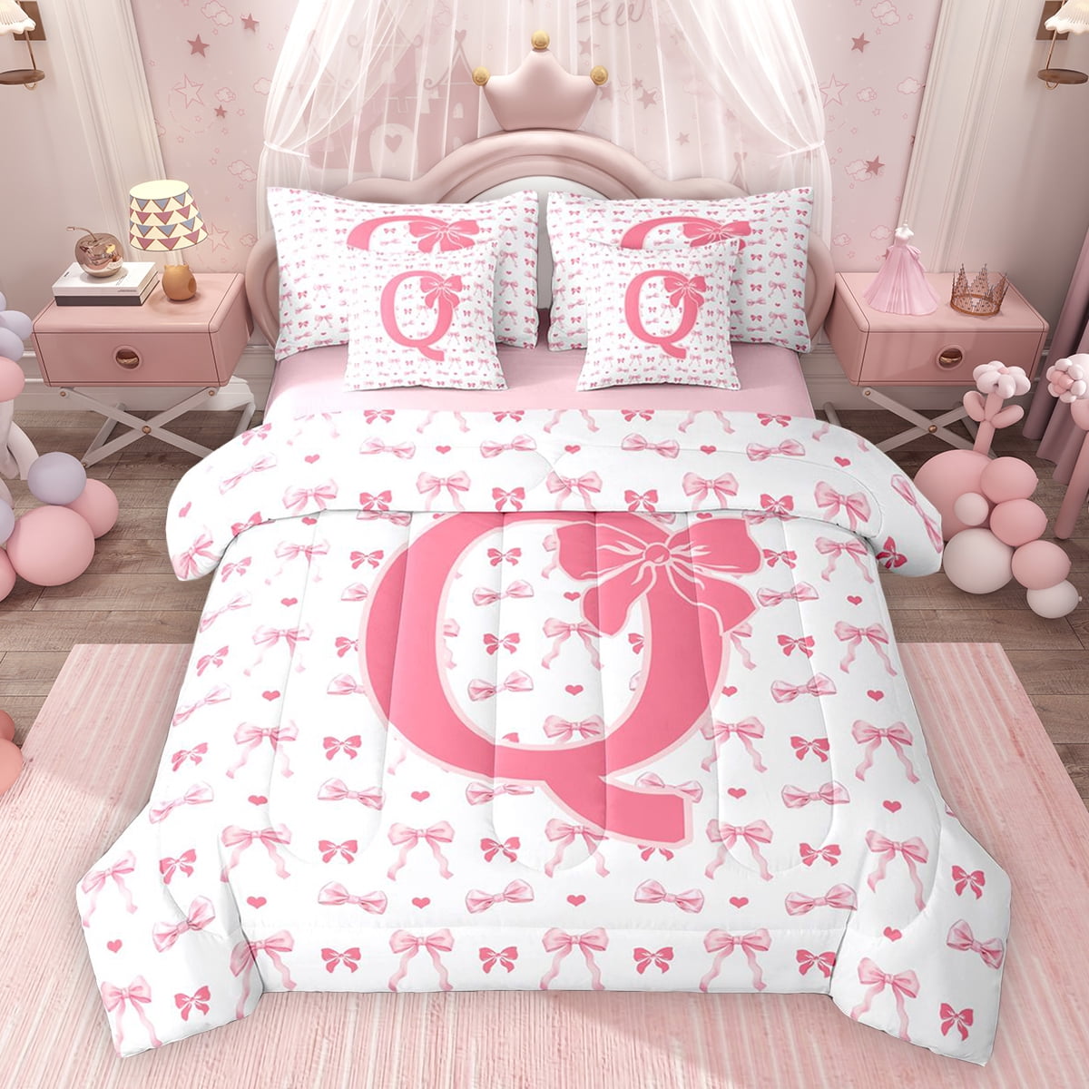 Feelyou Pink Bowknot Initial Q Bedding Comforter Set 7pcs, Princess Bow ...