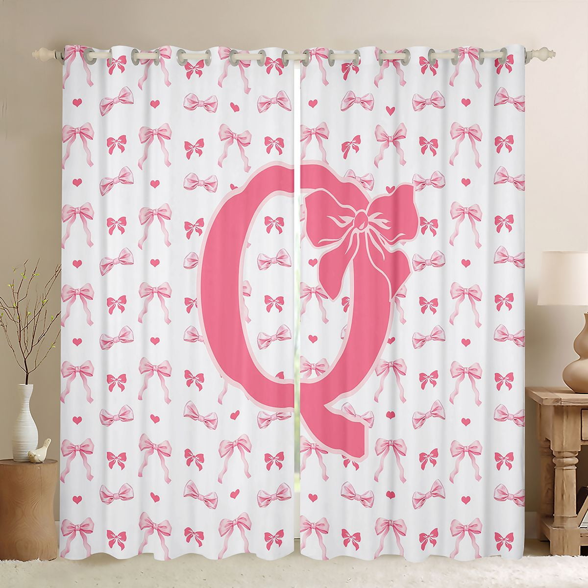 Feelyou Pink Bowknot Initial Q Curtains Pack of 2 (42x84 Each), Bow ...
