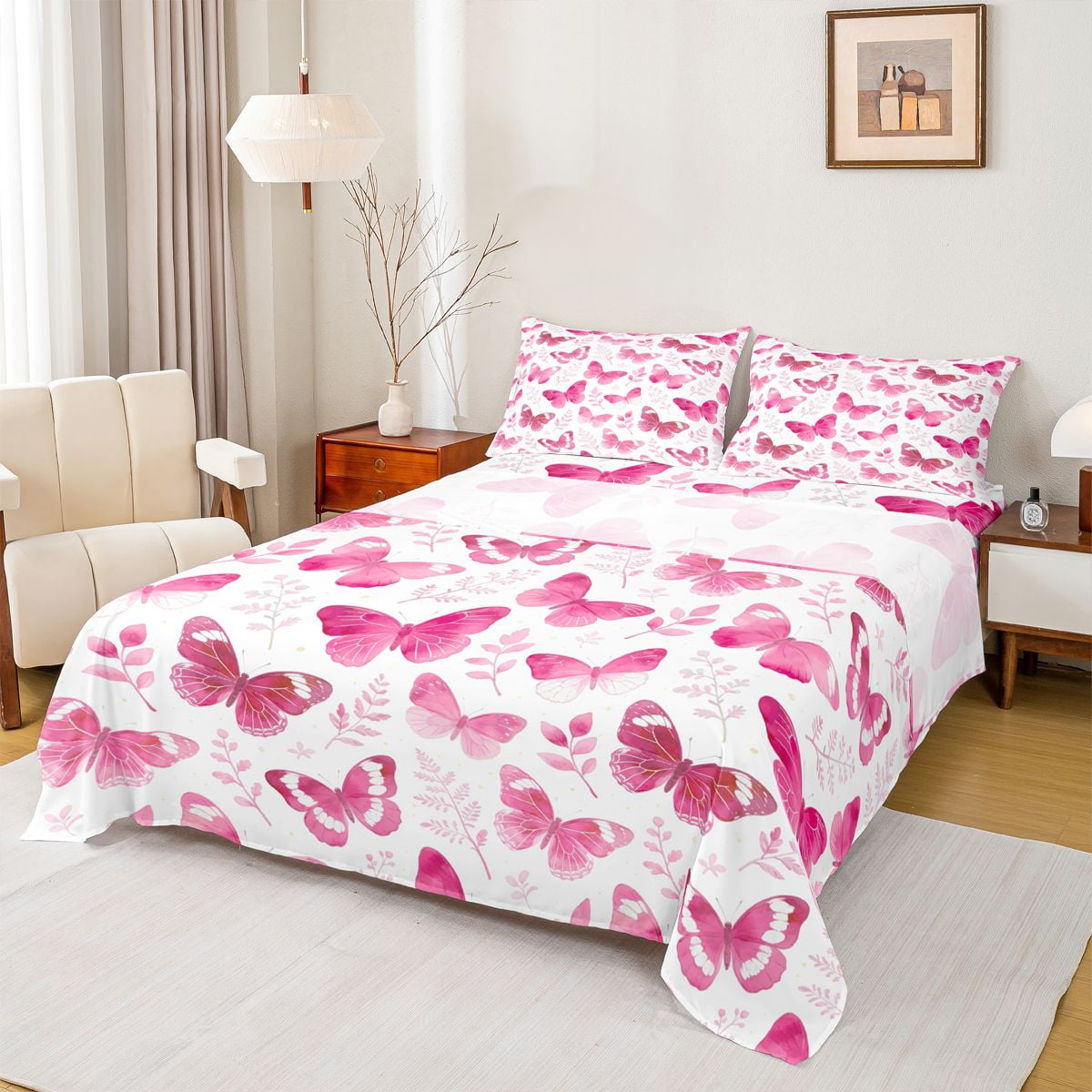 Feelyou Pink Butterlfy Queen Sheet Sets, Cartoon Princess Style Bed Set ...
