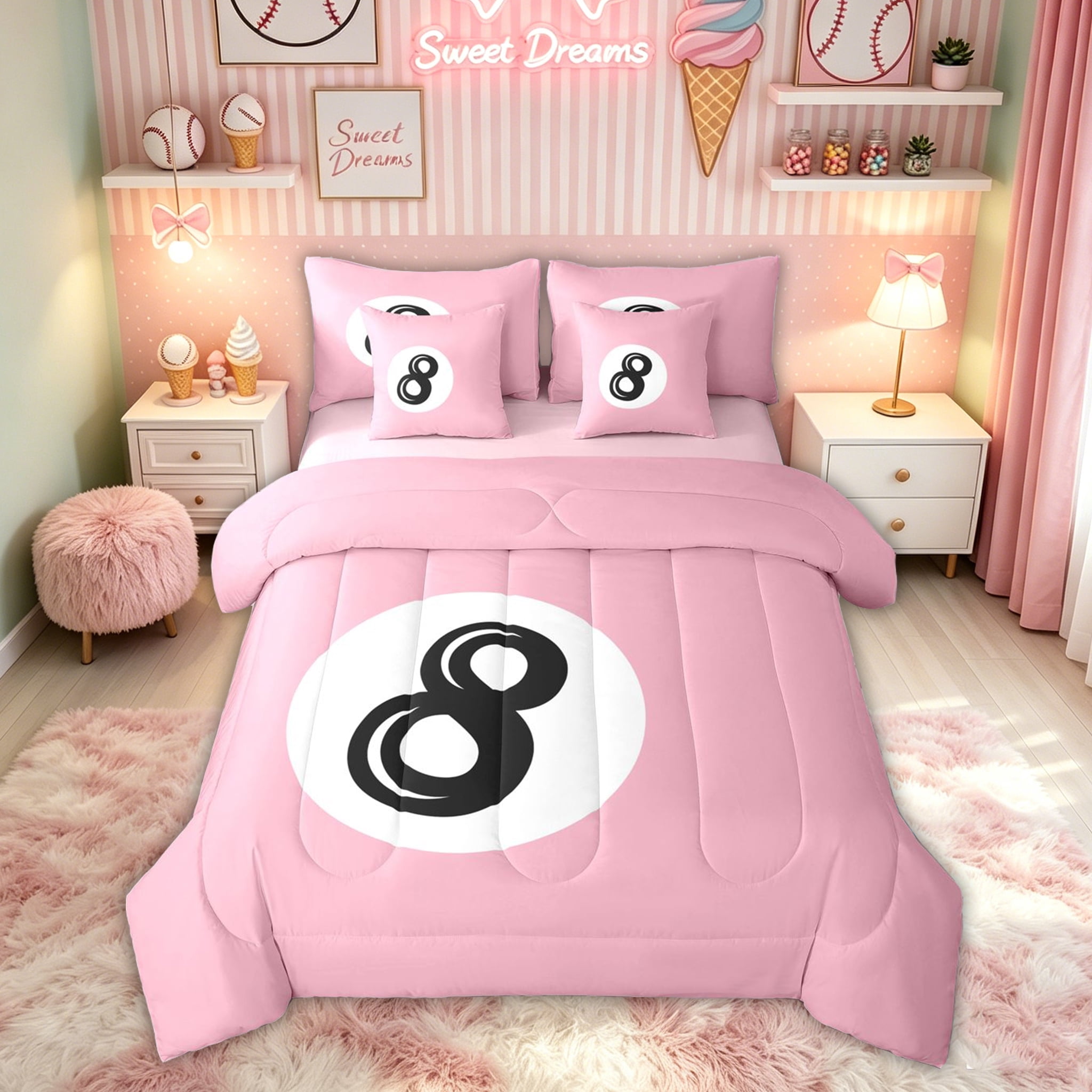 Feelyou Pink Cartoon 8 Ball Full Size Bedding Sets for Kids, Lucky ...