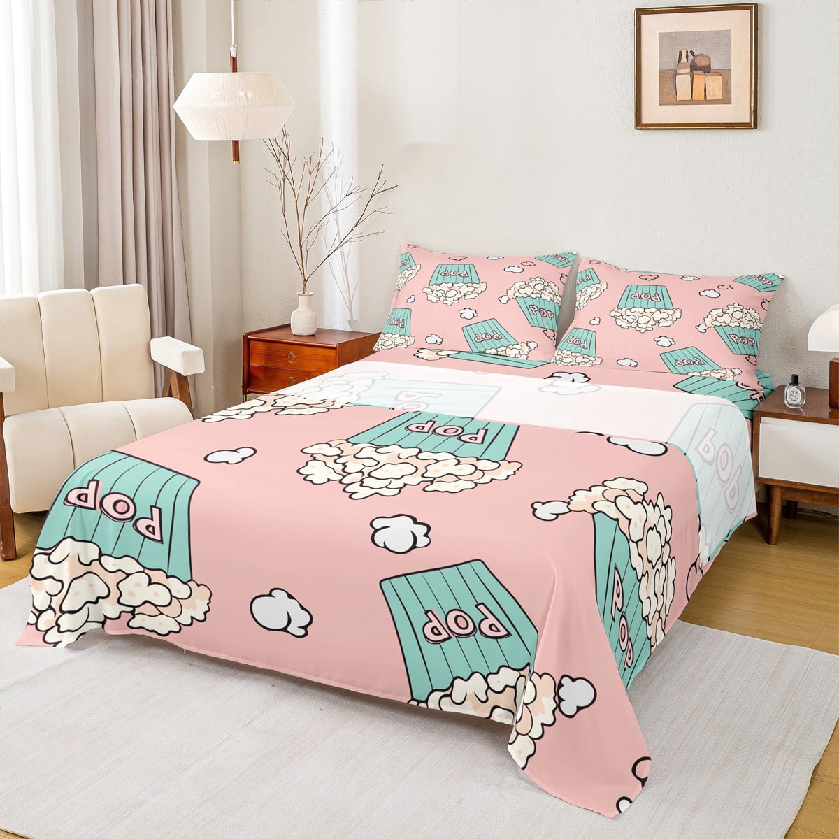 Feelyou Pink Cartoon Popcorn Queen Sheet Sets for Kids, Movie Lover ...
