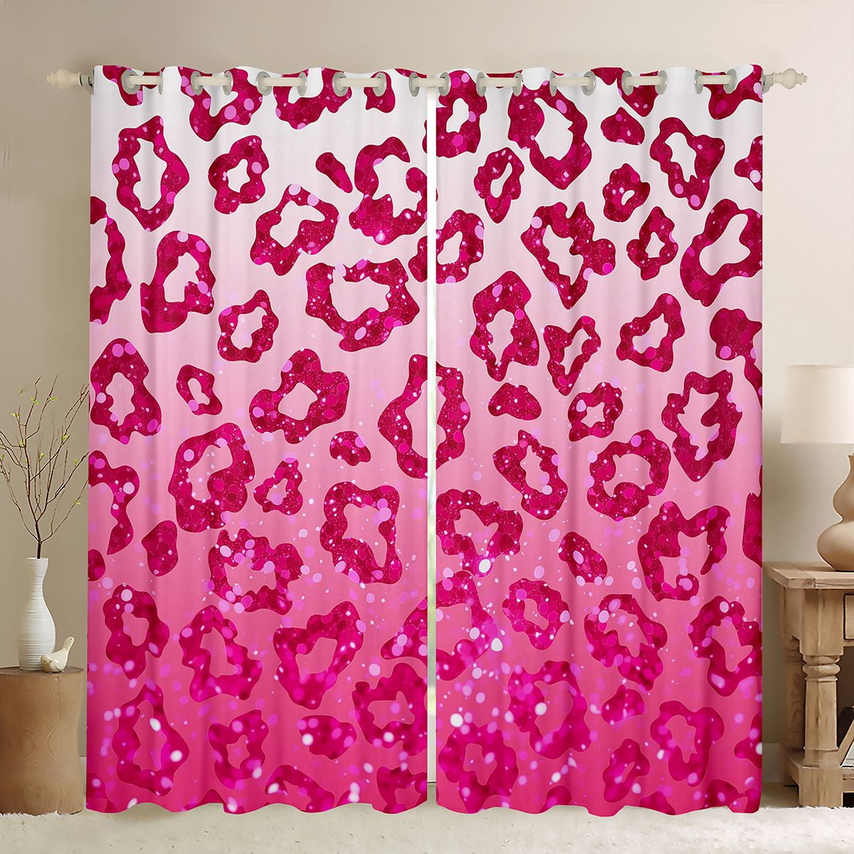 Feelyou Pink Cheetah Print Curtains Pack of 2 (52x84 Each), Polkadots ...