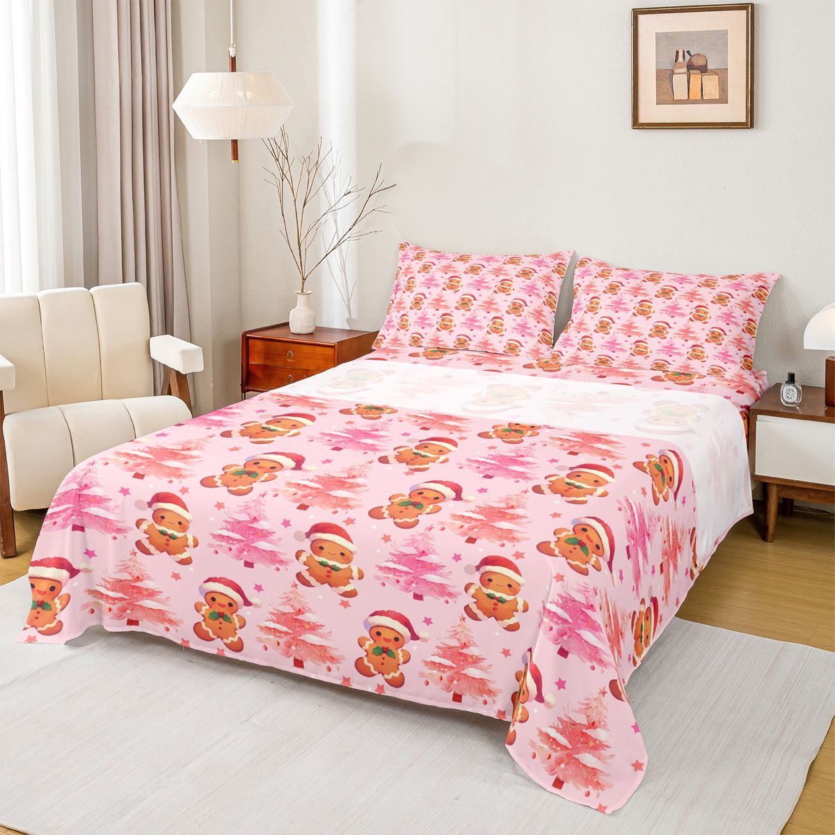 Feelyou Pink Christmas Tree Queen Sheet Sets, Gingerbread Man Bed Set ...