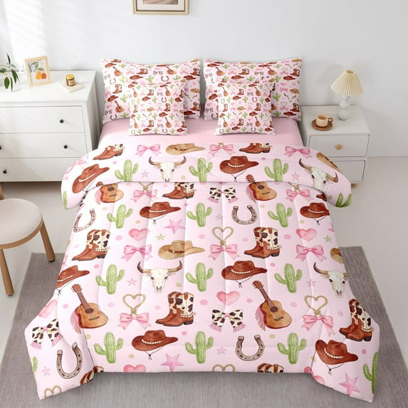 Feelyou Pink Cowgirl Bedding Comforter Set 7pcs, Rustic Guitar Music ...